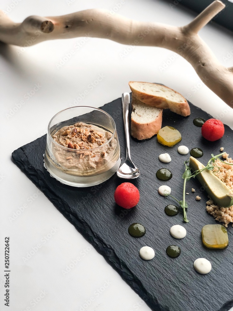 Veal pate with baguette / restaurant decoration of pate / High ...
