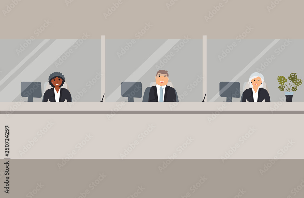 Bank office interior:Bank employees sit behind a barrier with glass and ...