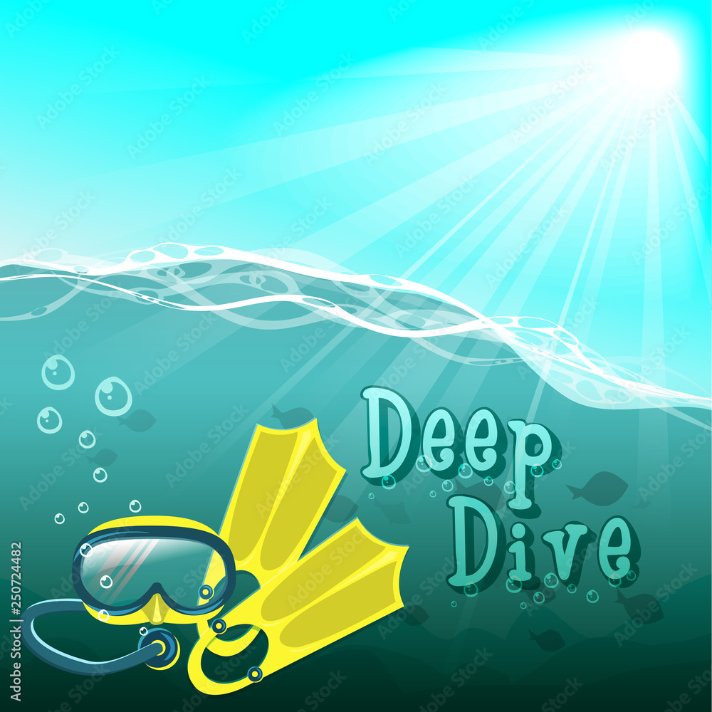 Cartoon sea poster "deep dive" Vector illustration of scuba diving ...