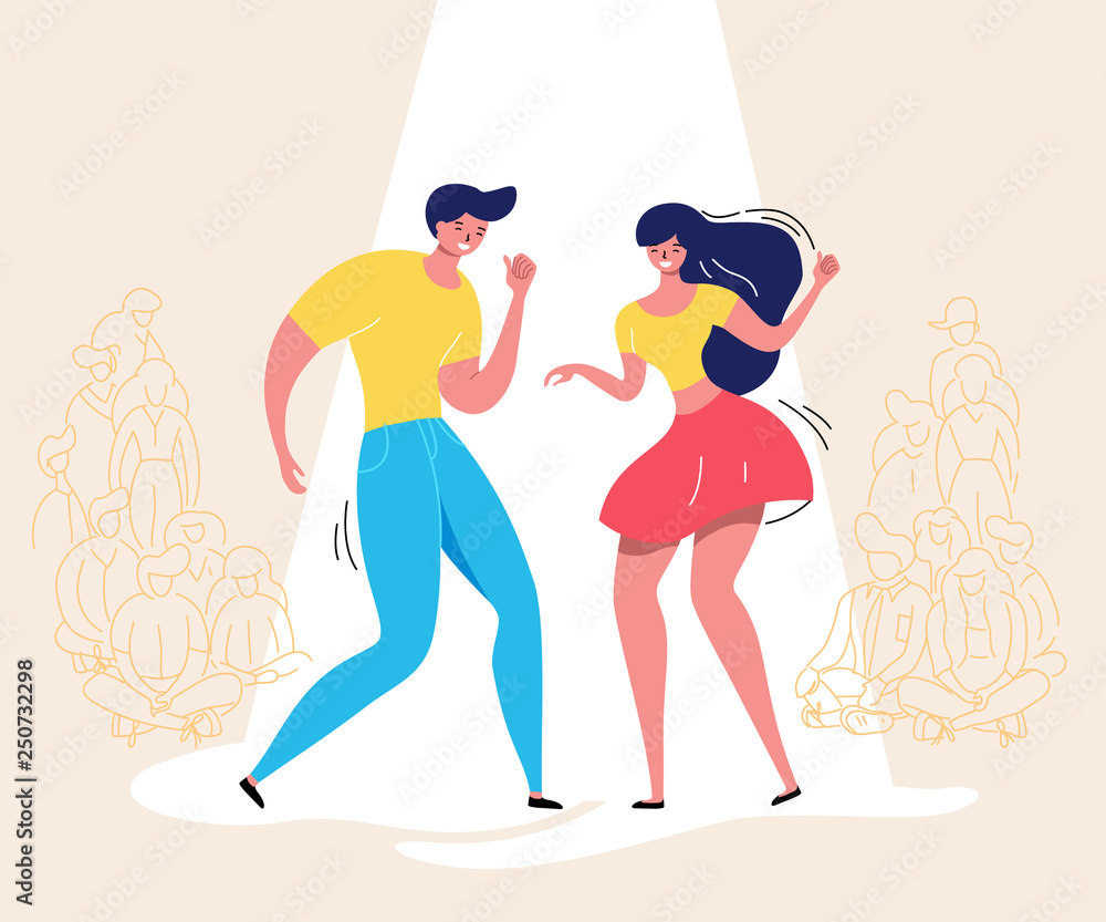 Dancing couple with audience. Rockabilly dance party. Happy swing ...