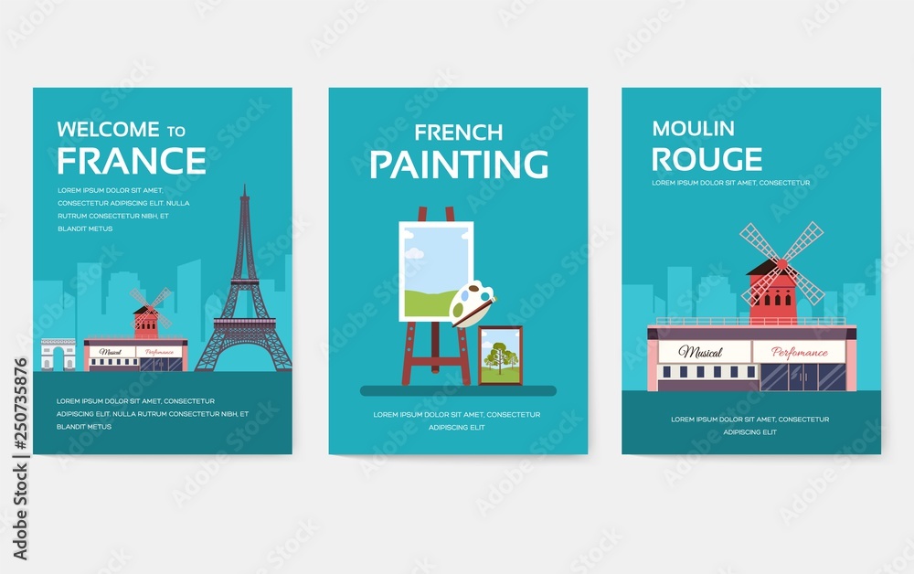 Set of France country ornament travel tour concept. Monument ...