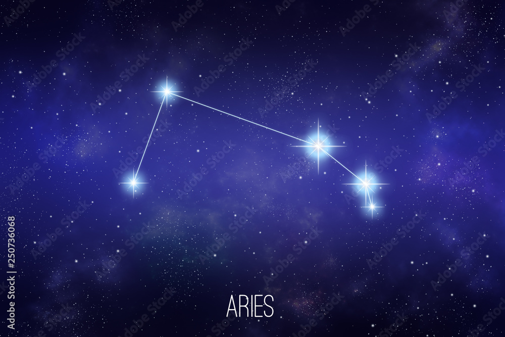 Aries zodiac constellation on a starry space background with lettering ...