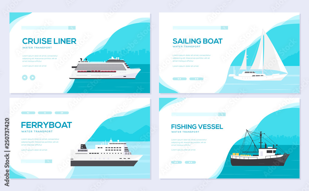Set of yacht, boat, cargo ship, steamship, ferry, fishing boat, tug ...