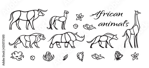 Vector outline set of african animals with lion, buffalo, hyena ...