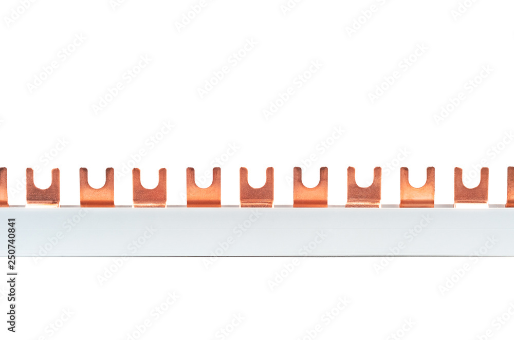 Circuit breaker busbar made of copper, isolated on a white background ...