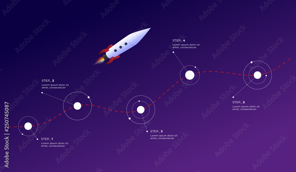 Startup Route to Success. Rocket ballistics path Timeline. Vector ...