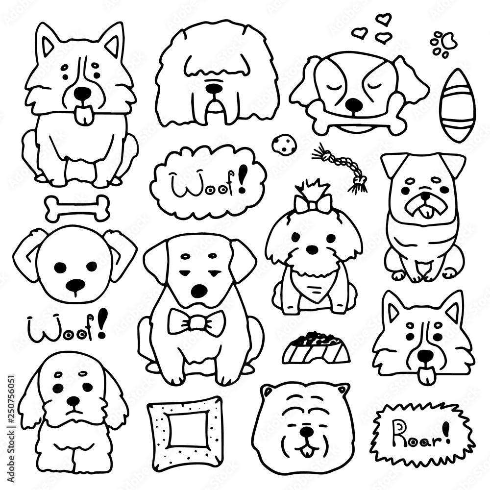 Doodle set of cute dogs different breeds. Drawn by hand vector ...