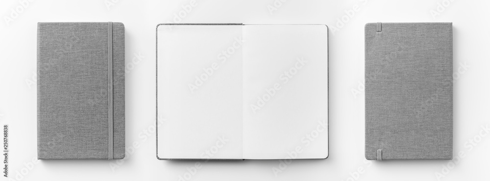 Business concept - Top view collection of grey notebook front, back and ...