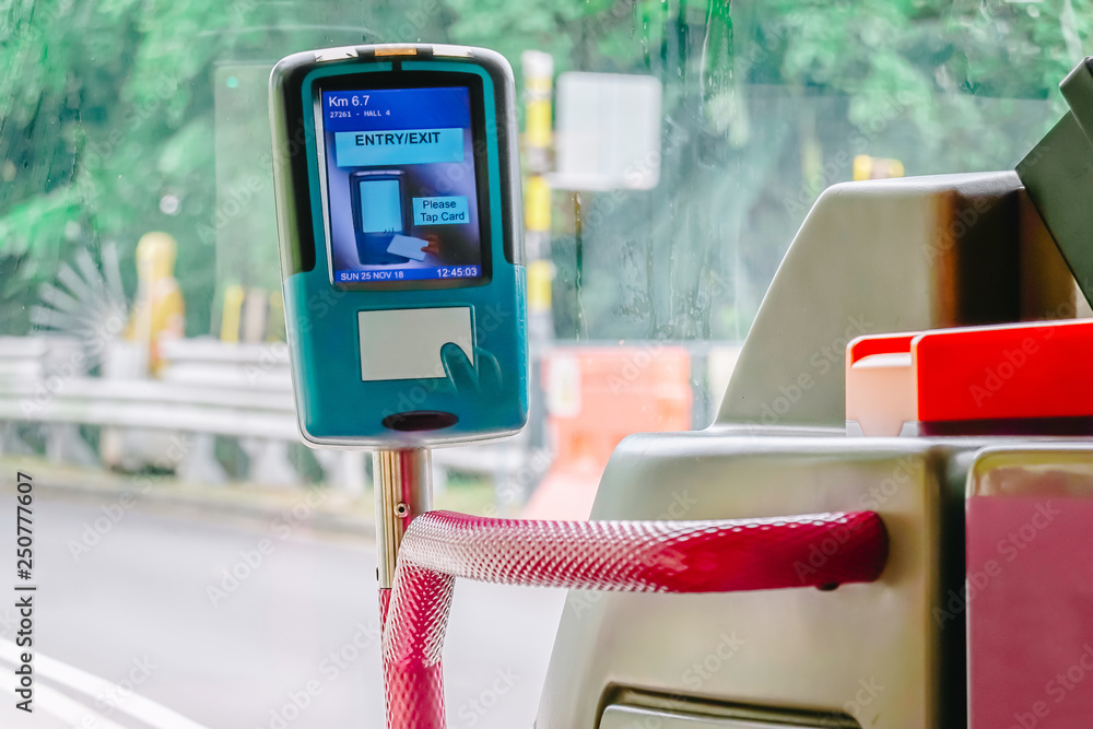 Validator in the city bus for paying using cards, Public transport ...