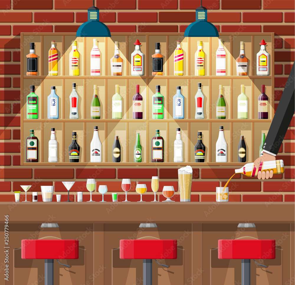 Drinking establishment. Interior of pub, cafe or bar. Bar counter ...