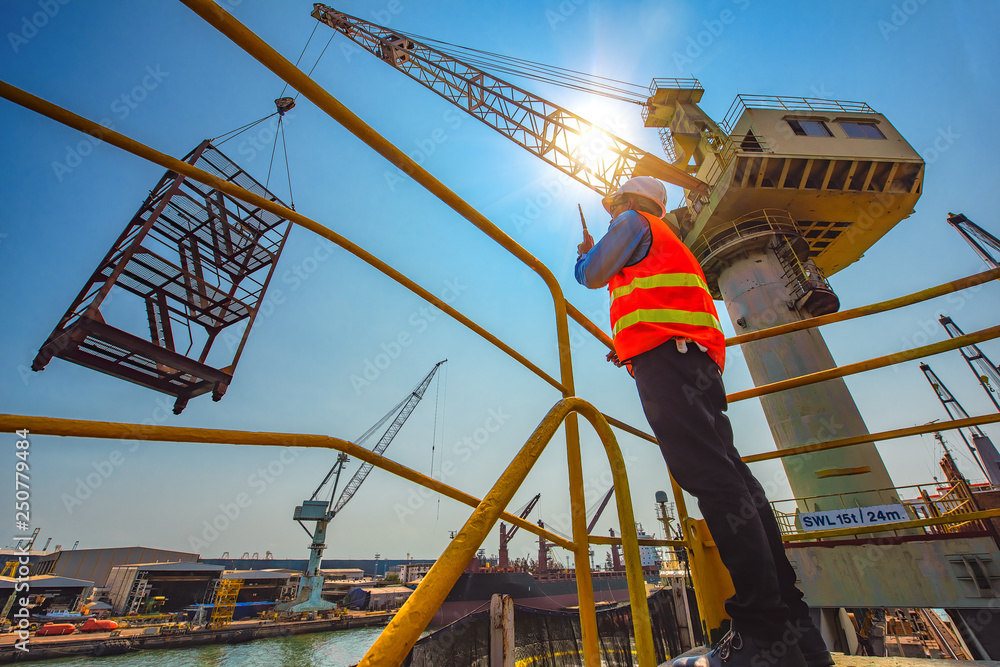 stevedore or foreman, engineering, loading master talks to crane driver ...
