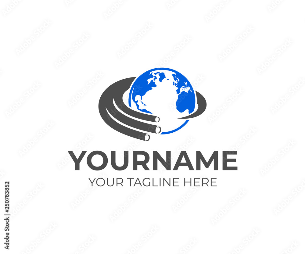 Fibre optics, fiber optic cable rotates around the planet earth, logo ...