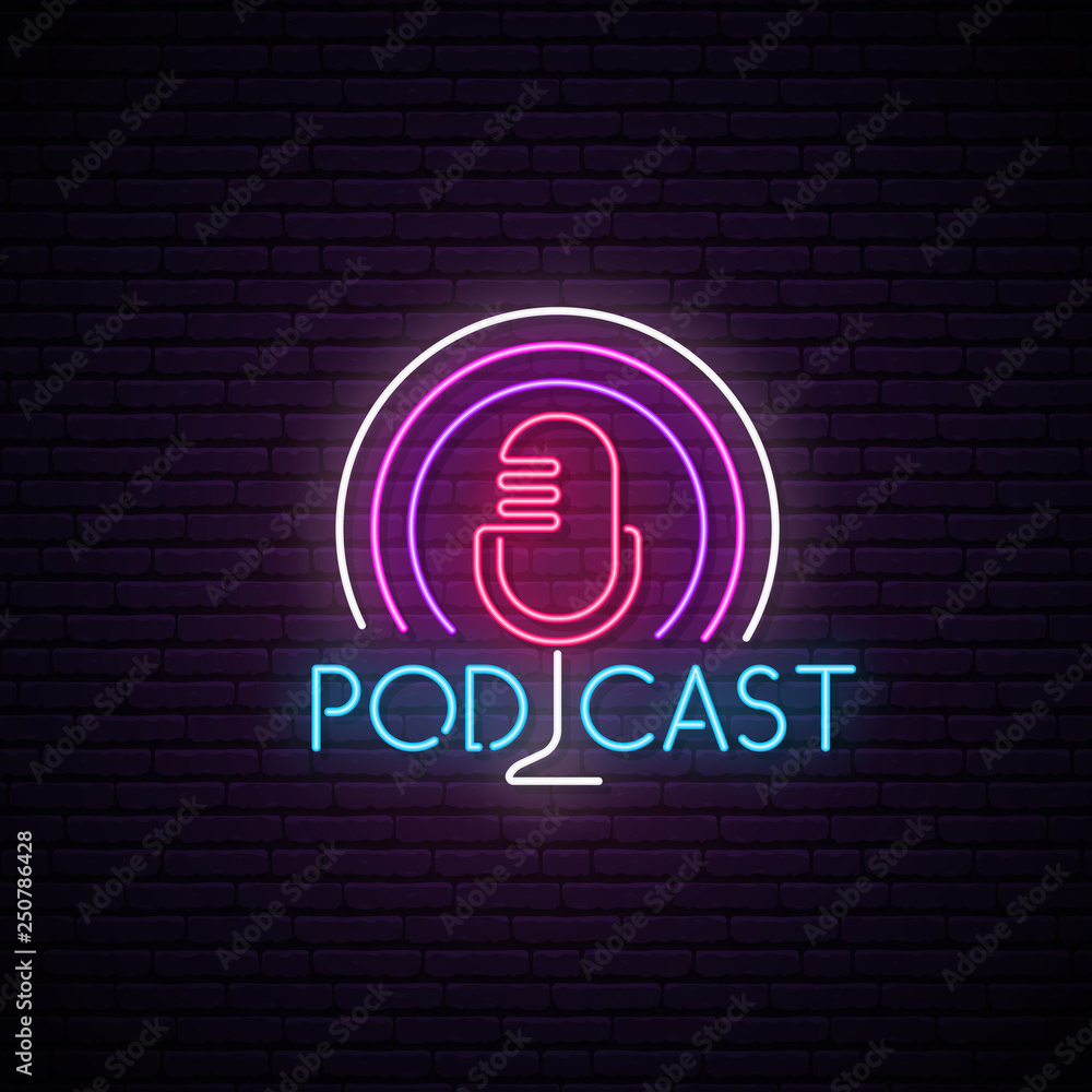 Microphone neon sign. Podcast bright emblem. Light neon mic sign on the ...