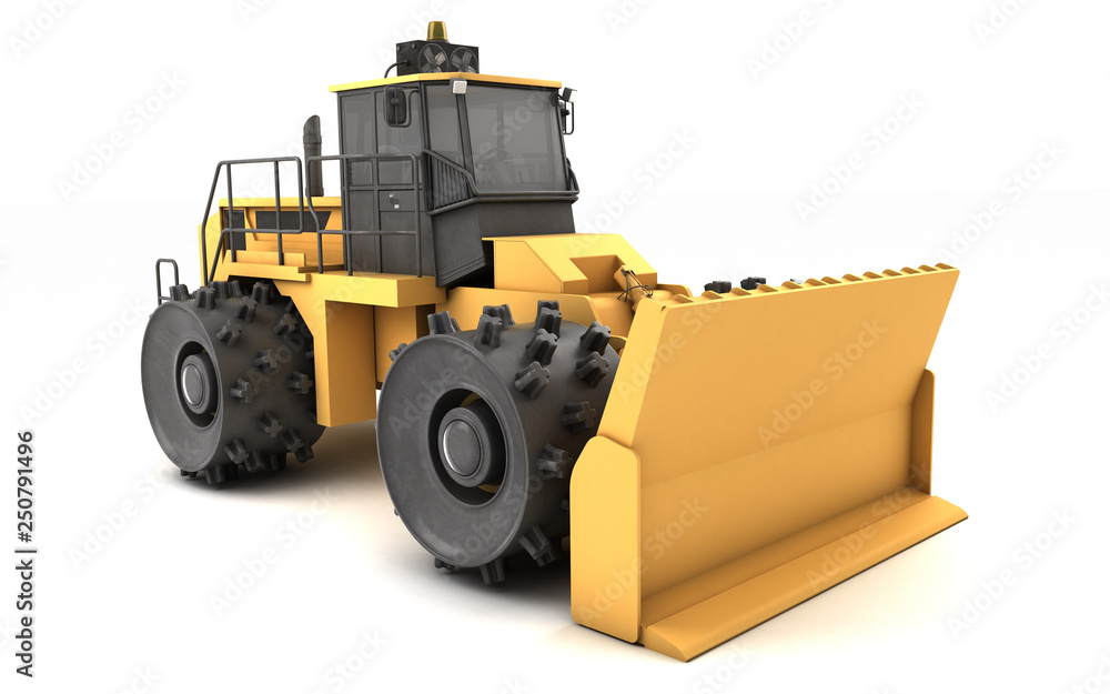 Powerful concept. Massive yellow hydraulic earth mover with thorns on ...