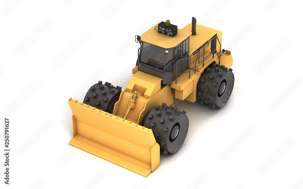 Front side view on isometric projection of massive yellow hydraulic ...