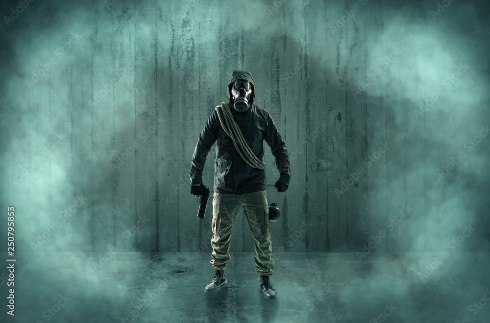 Dreadful dangerous man with wood, shanty wallpaper and fume around ...