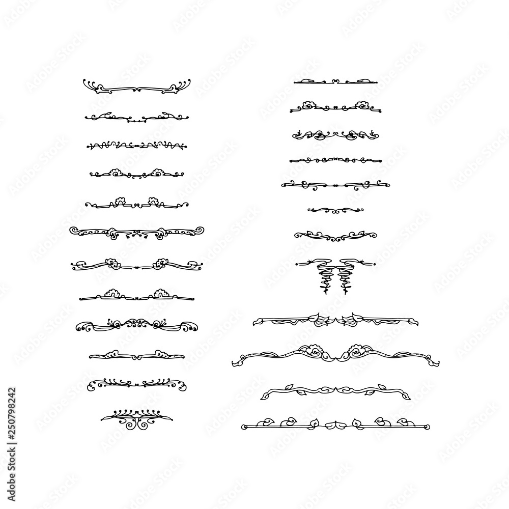 Decorative hand-drawn text dividers set. black and white isolated ...