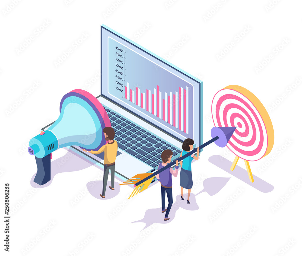 People working in team vector, laptop with information in visual ...