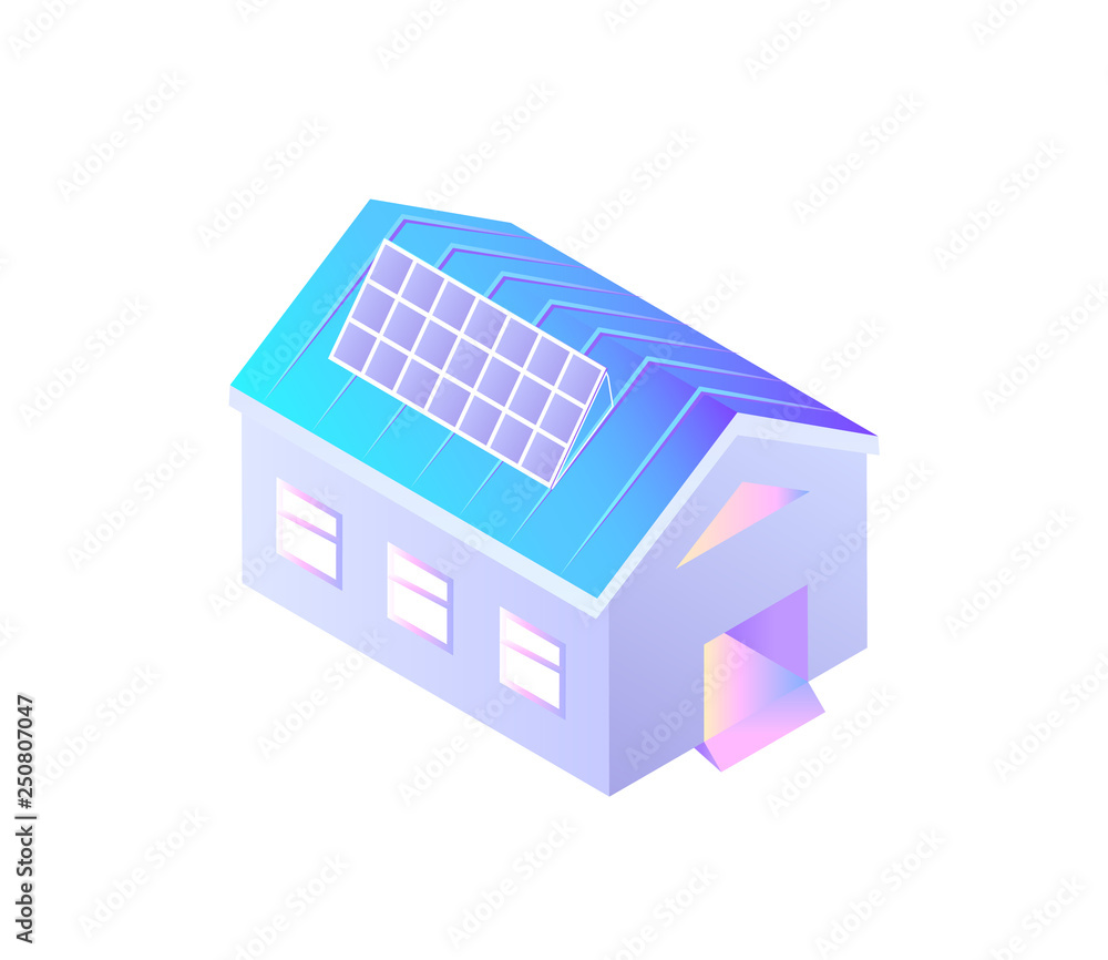 Building with solar batteries on roof installed vector. Isolated icon ...