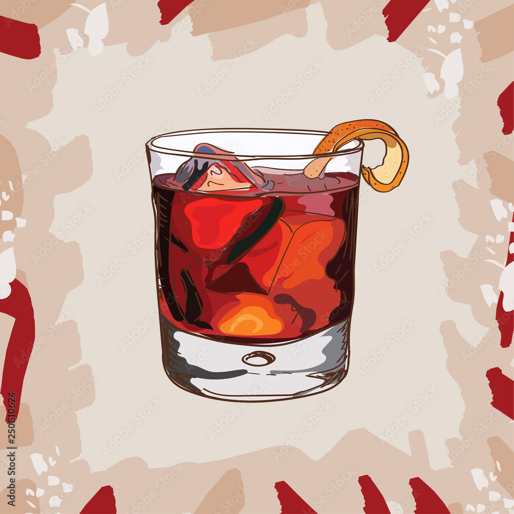 Negroni Contemporary classic cocktail illustration. Alcoholic bar drink ...