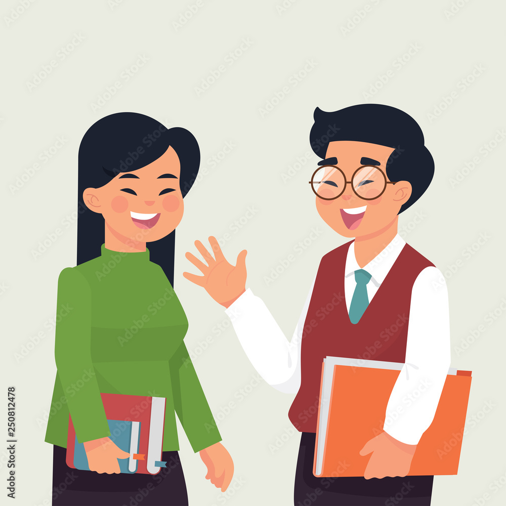 vector illustration two asian students have chat. students girl and boy ...