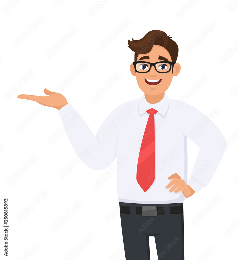 Portrait of businessman showing/pointing hand to copy space side away ...
