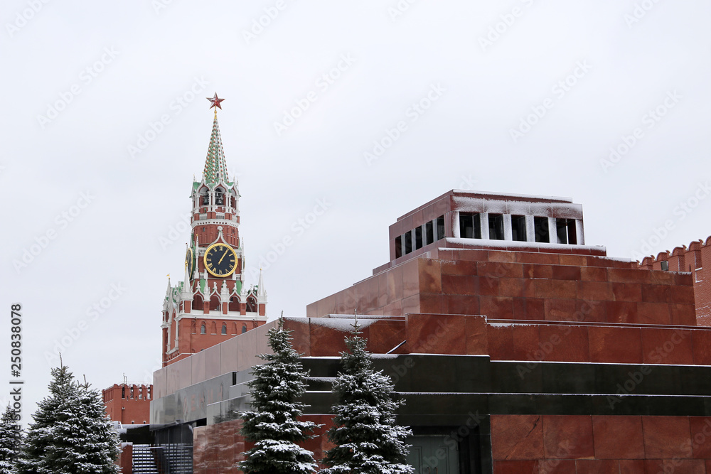 Kremlin on the Red square in Moscow. The Lenin Mausoleum and Spasskaya ...