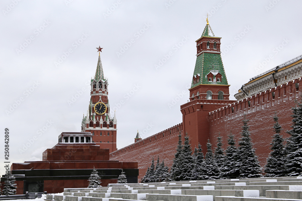 Red square in Moscow, russian winter. Snow covered Kremlin towers, the ...