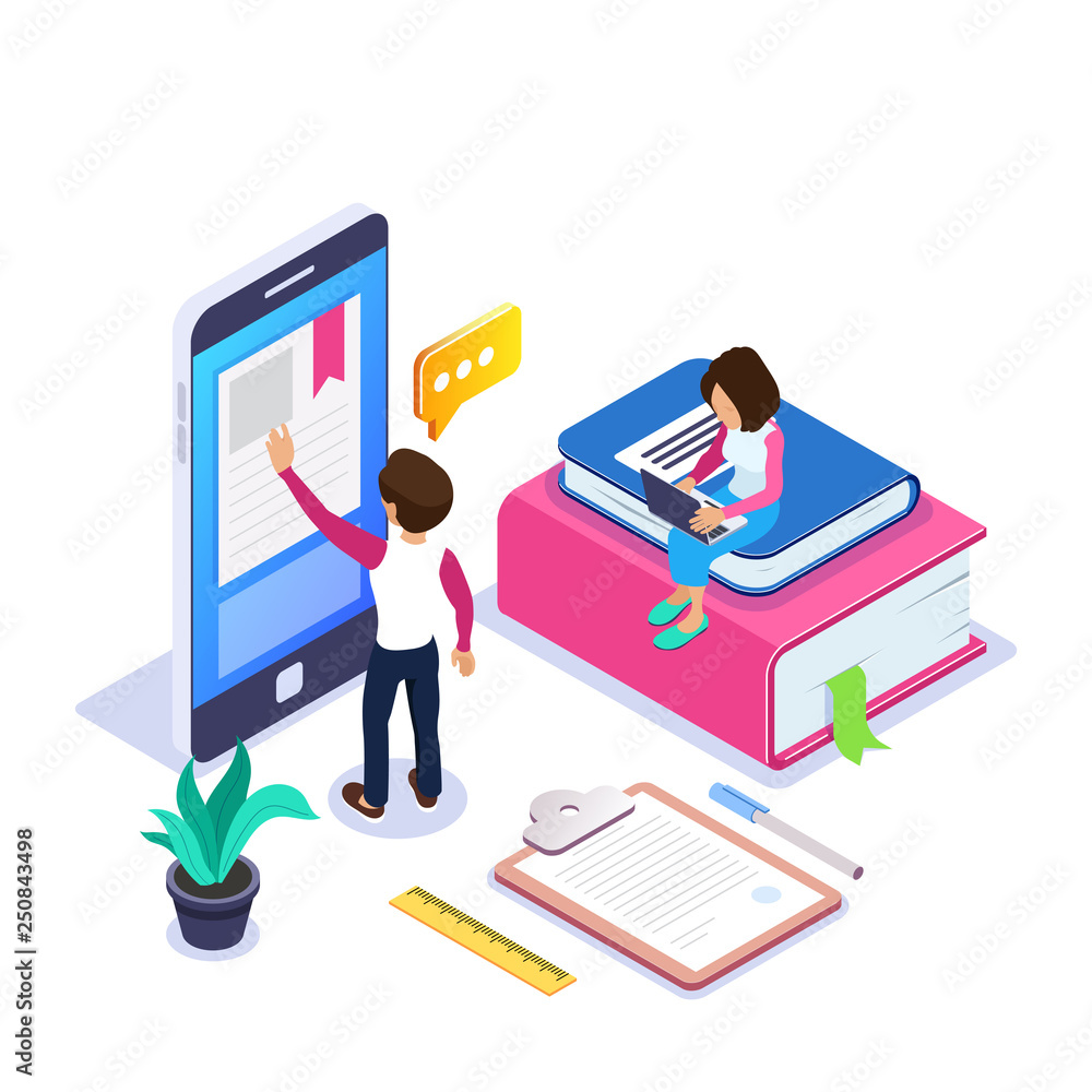 3d Isometric online learning or distance courses concept. Student reads ...