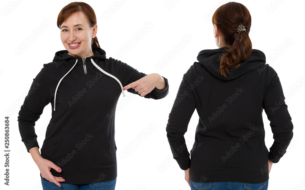 Front back and rear black sweatshirt view. Woman pointing and show on ...