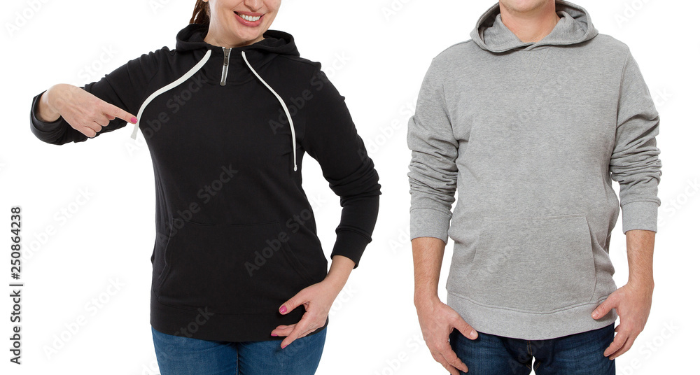 Woman and man set in swetshirt front view. Female pointing and show on ...