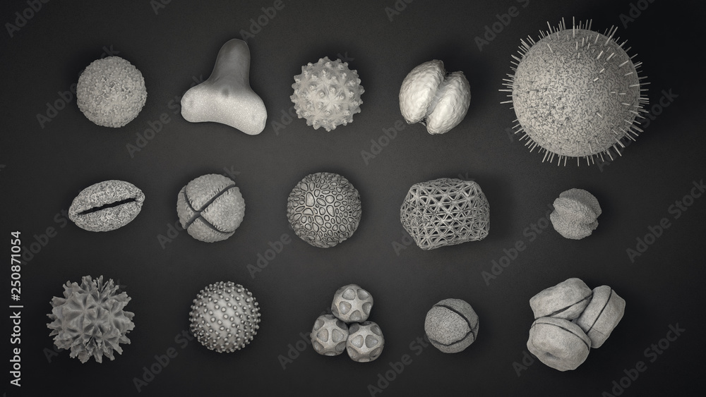 3d illustration of many different pollen bodies in black and white ...