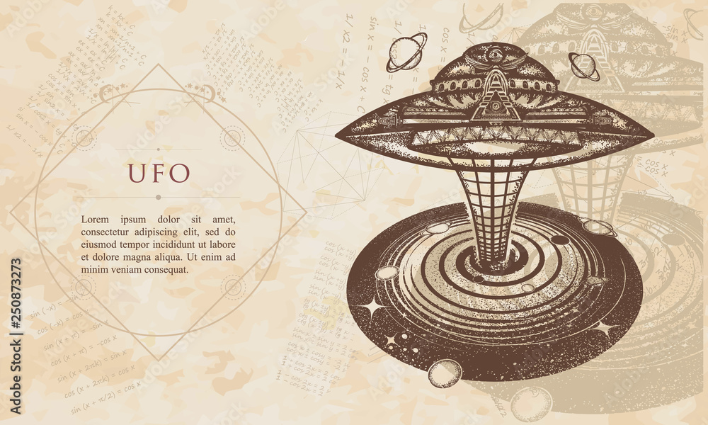 Ufo. Black hole and alien space ship. Renaissance background. Medieval ...