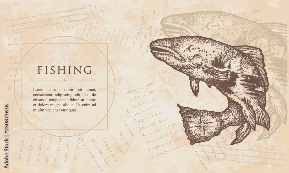 Fishing. Salmon double exposure. Renaissance background. Medieval ...