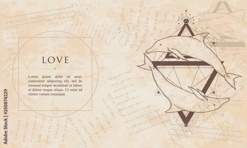 Love concept. Two dolphins. Renaissance background. Medieval engaving ...