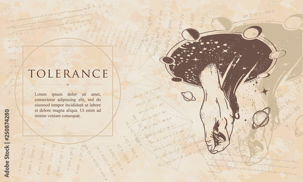 Tolerance. Black and white hands in space. Renaissance background ...