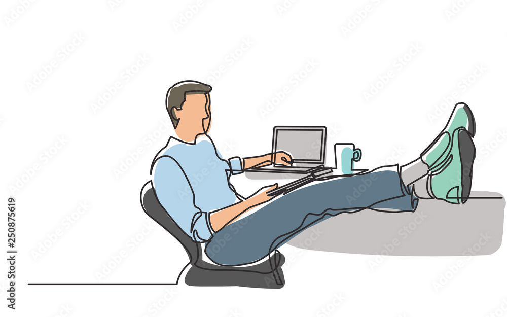 continuous line drawing of young man sitting with laptop-computer with ...