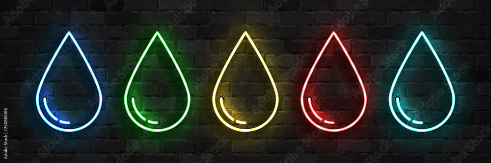 Vector set of realistic isolated neon sign of Water, Poison, Oil and ...