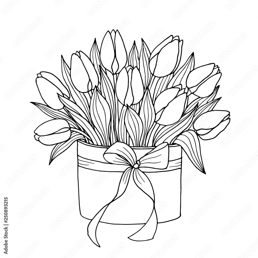 Poster Tulip flowers arrangement in a box black and white ink hand ...