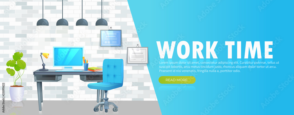 Work time in office banner. Workplace interior design. Desk with ...