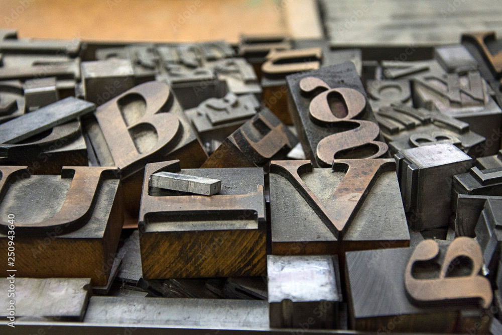 alphabet letter press background with old type lettering Stock Photo ...