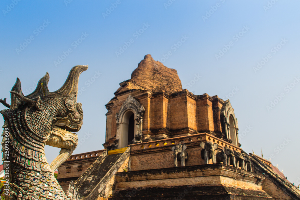 Old massive ruins pagoda of Wat Chedi Luang (temple of the big royal ...