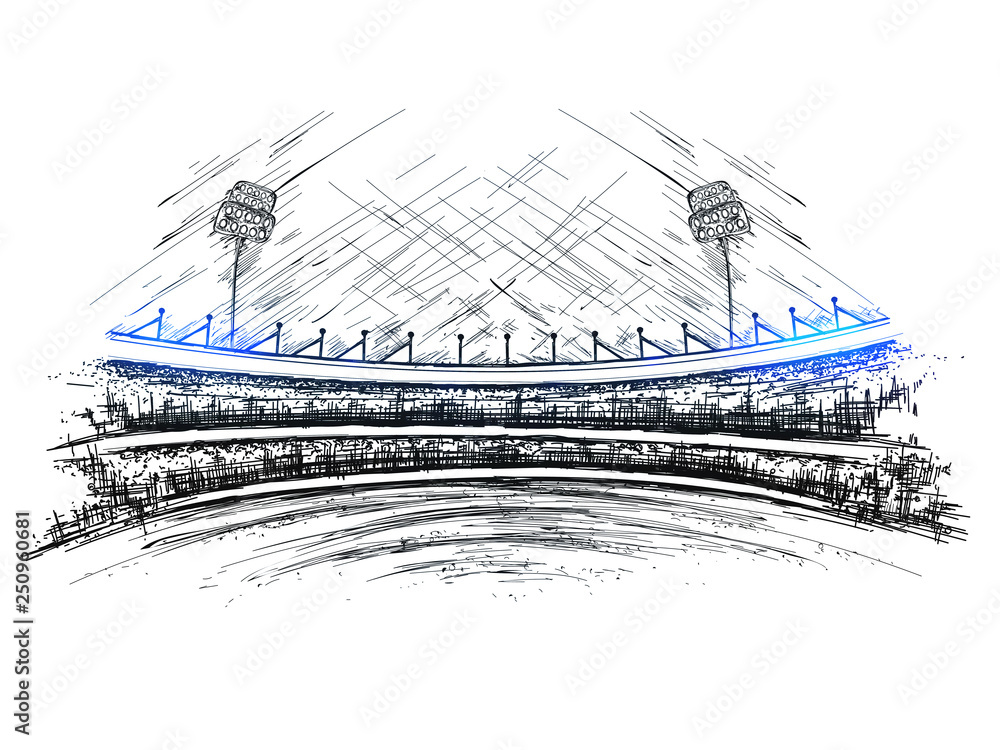 Sketch of cricket stadium view for Cricket tournament poster or banner ...