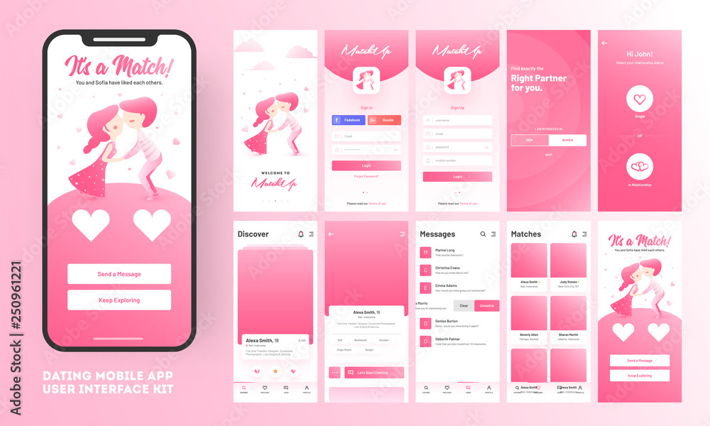 Dating app ui kit for responsive mobile app or website with different ...