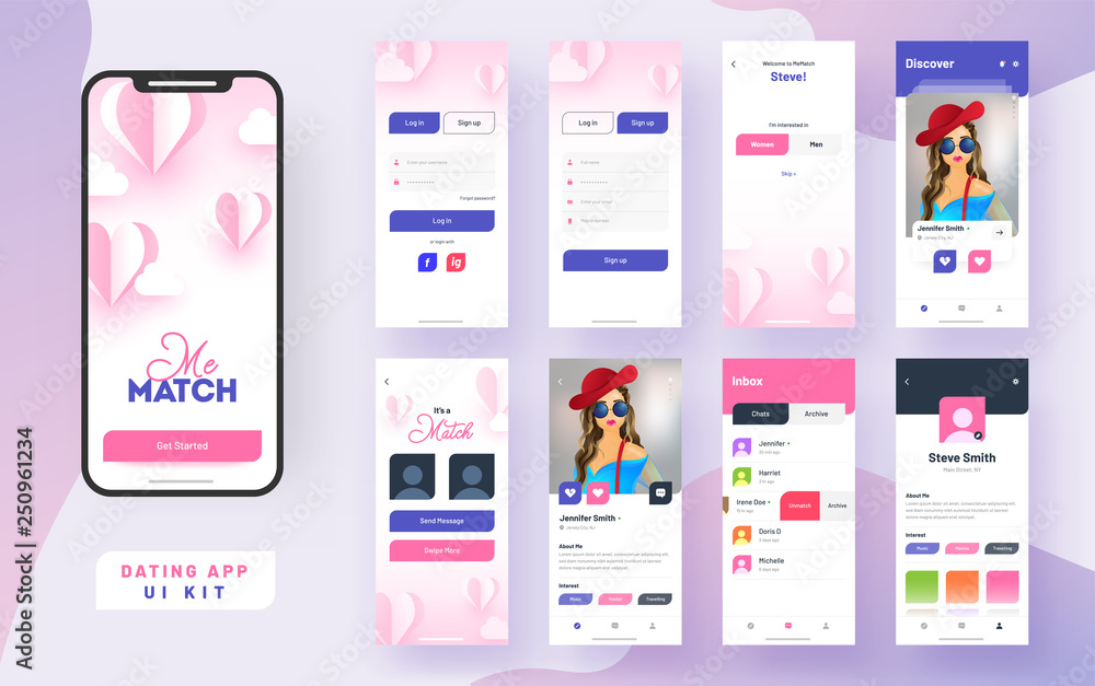 Dating app ui kit for responsive mobile app or website with different gui layout including user ...