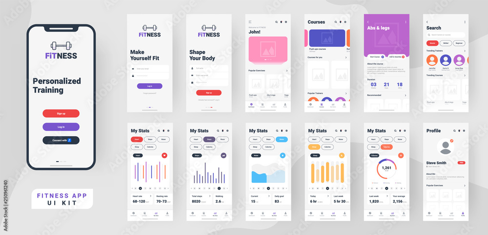 Fitness mobile app material design with different gui screens including ...