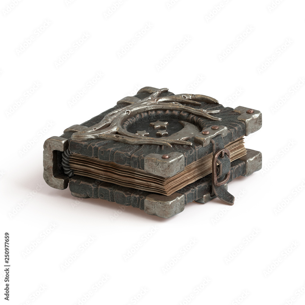 3d illustration of a dark leather grimoire. Vintage old magic book ...