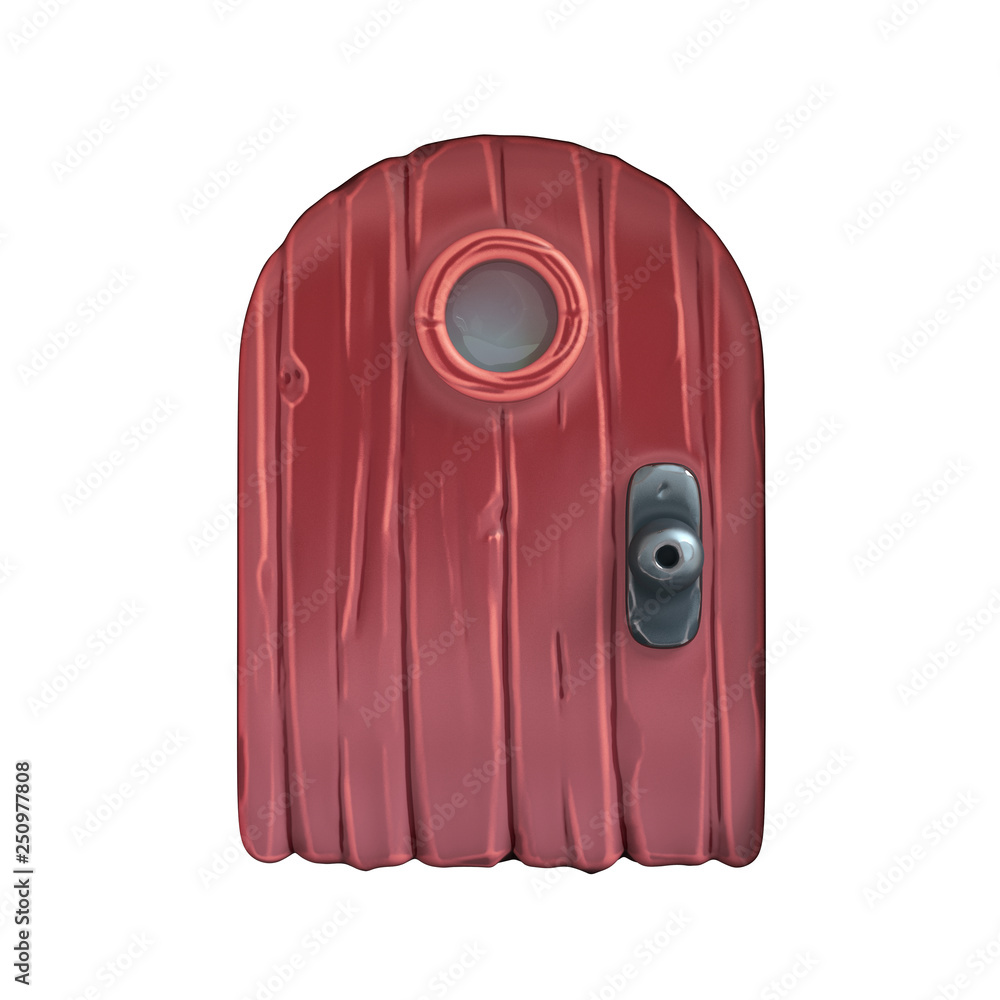 Medieval cartoon wooden door with a tiny round window. 3D illustration ...