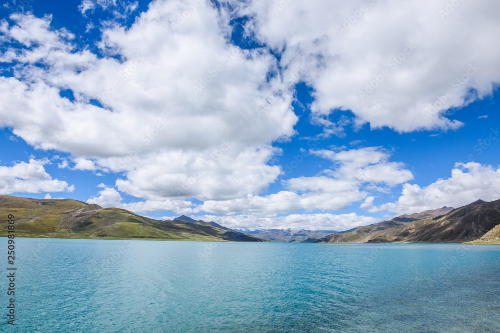 View of Yamdrok Lake (also known as Yamdrok Yumtso or Yamzho Yumco), it is a freshwater lake ...