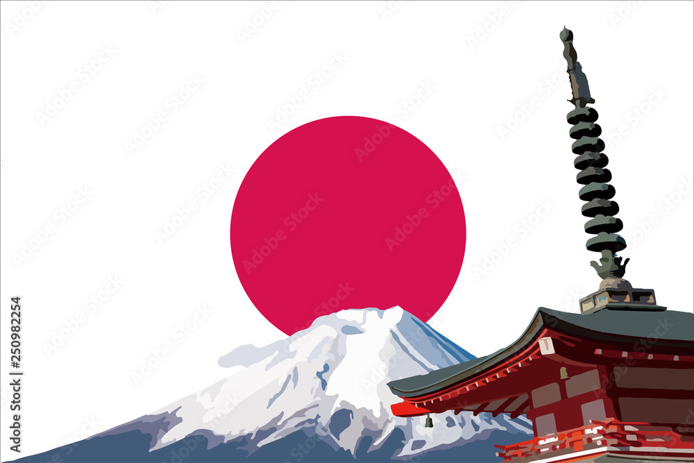Mount Fuji ( Mt. Fuji ) and Chureito Pagoda with red rising sun ...